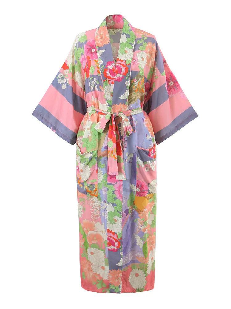 Pink Blooms Boho Floral Print Maxi Robe – Queen Boheme