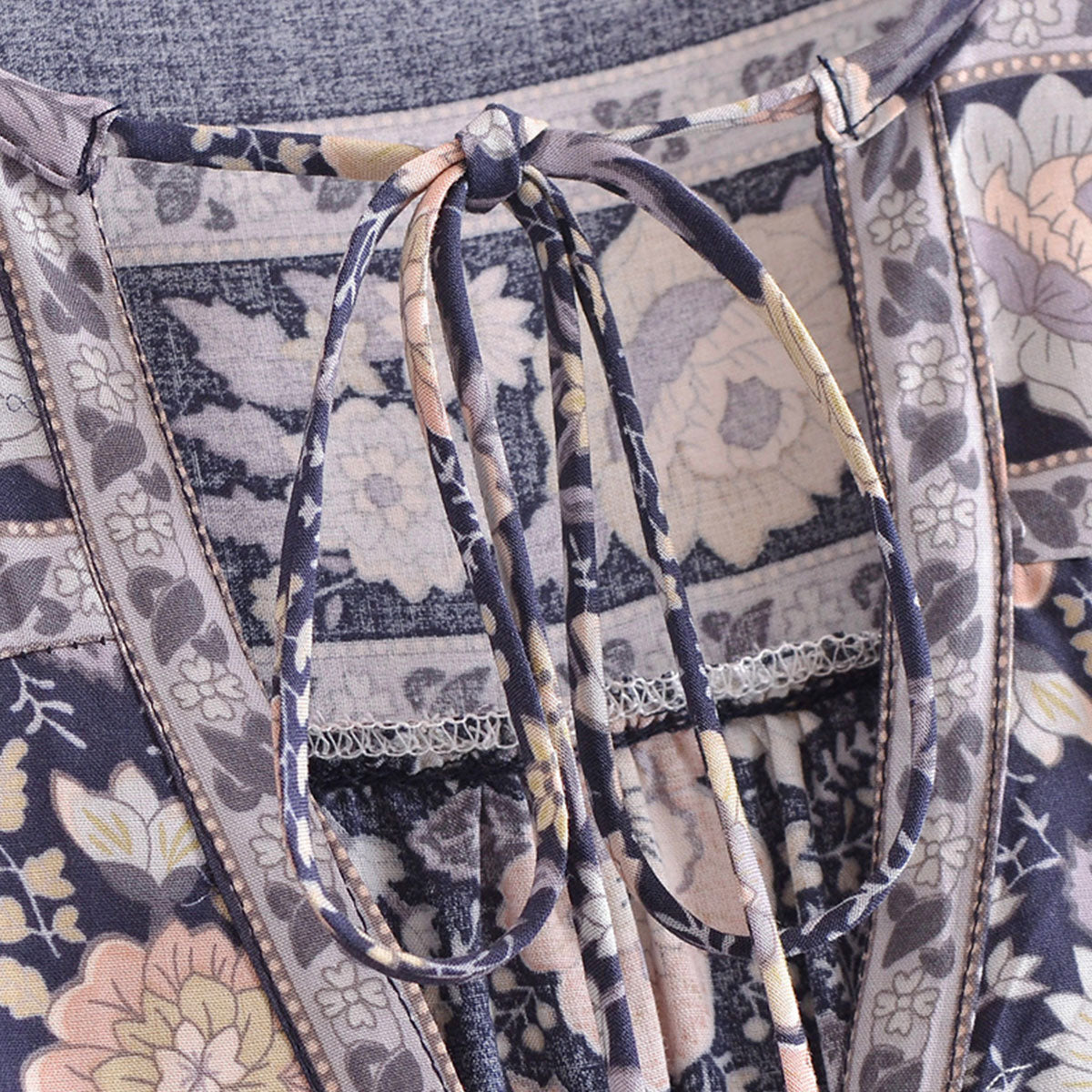 Midnight Blue Boho Floral Print Long Sleeve Blouse – Queen Boheme